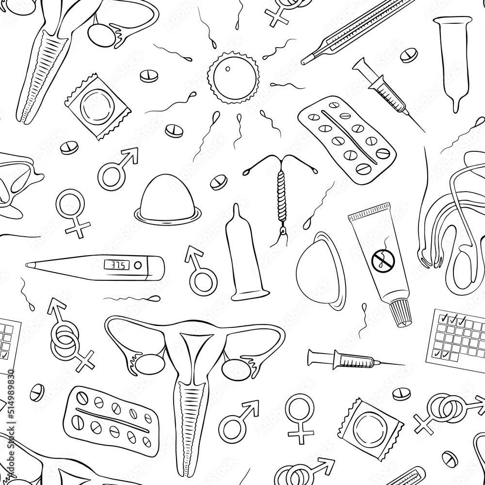 Contraception hand drawn seamless pattern. Black doodles on white ...