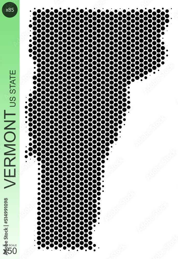 Dotted map of the state of Vermont in the USA, from circles, on a scale ...