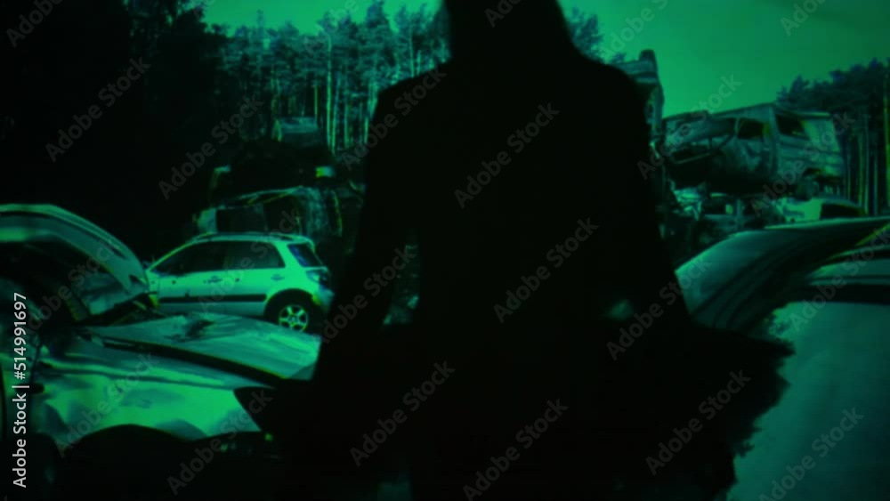 Car dump picture with bombed destroyed automobiles and silhouette of ...