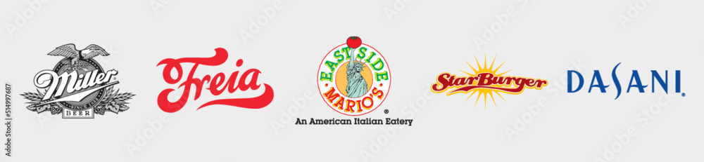 Dasani logo, Eastside Mario's logo, Freia logo, Miller logo, Star ...