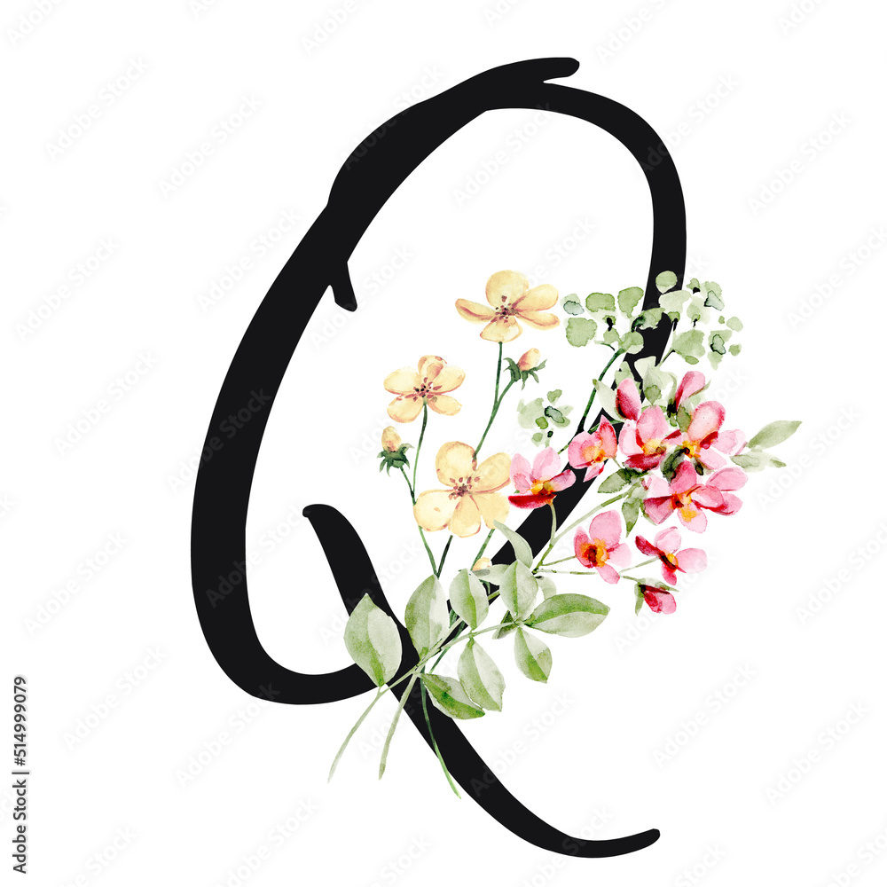 Floral Alphabet Letter Q With Watercolor Flowers And Leaf Monogram floral-alphabet-letter-q-with-watercolor-flowers-and-leaf-monogram