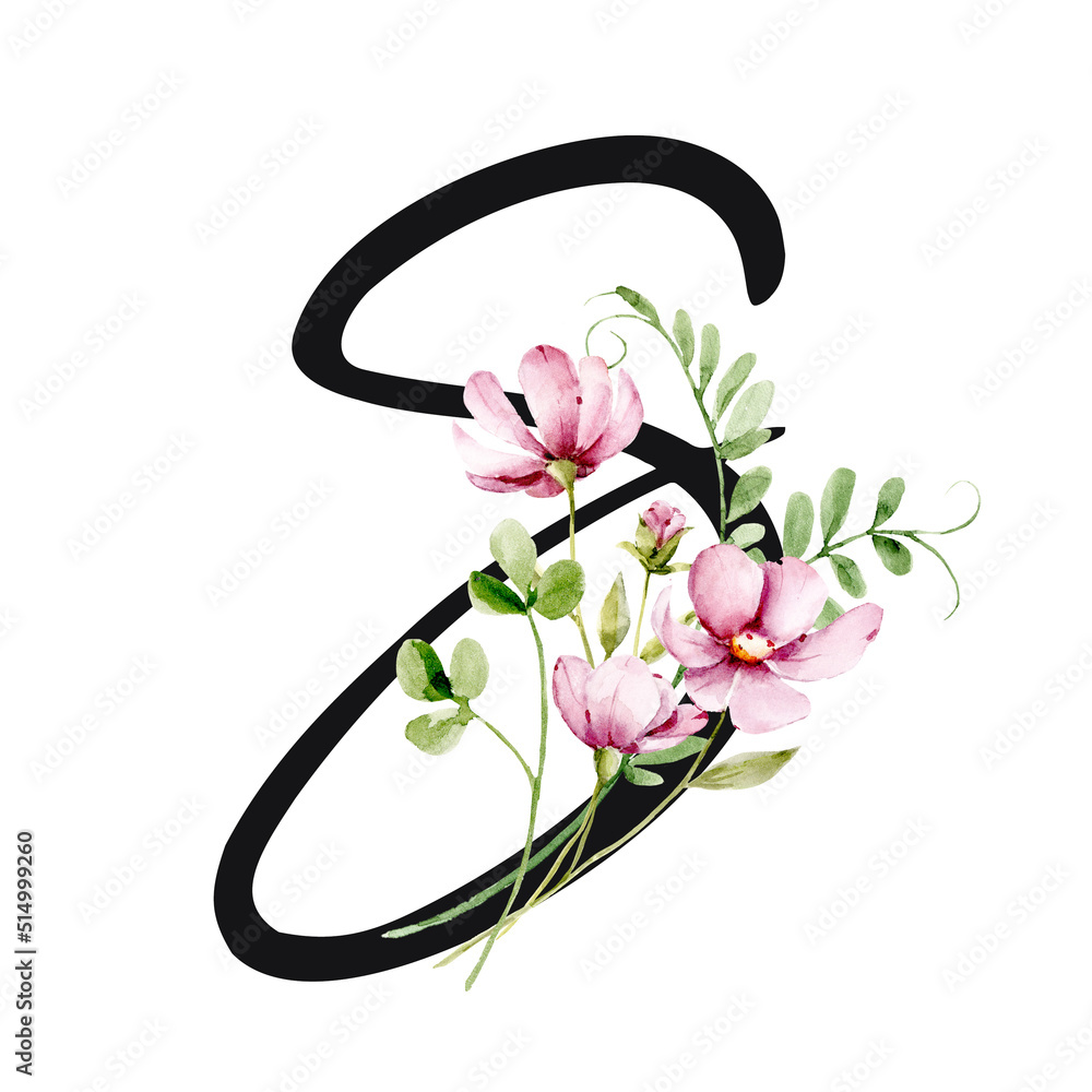 Floral alphabet, letter S with watercolor flowers and leaf. Monogram ...