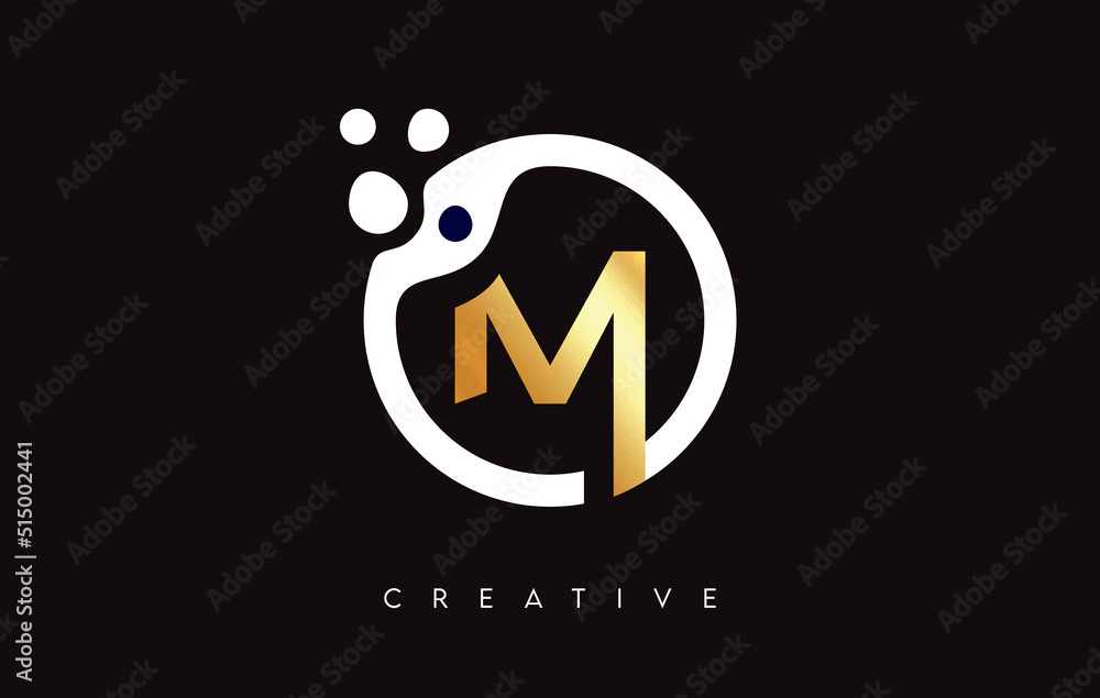 Golden Letter M Logo with Dots and Bubbles inside a Circular Shape in ...