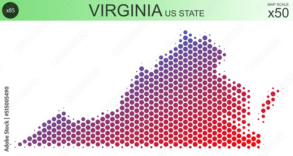 Dotted map of the state of Virginia in the USA, from circles, on a ...