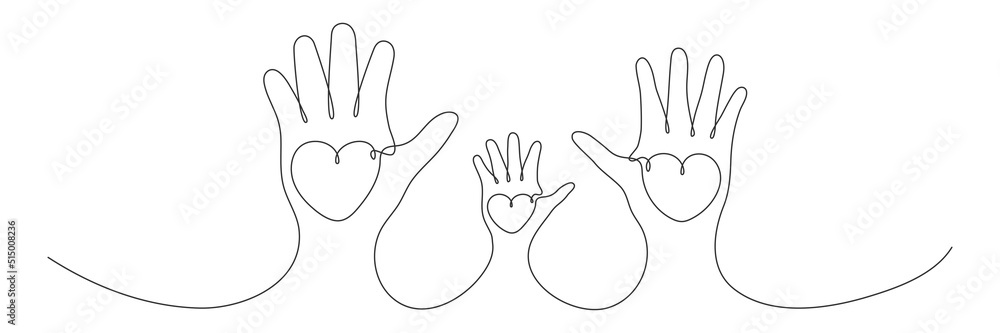 Continuous one line drawing family hands hold hearts. Mother, father ...