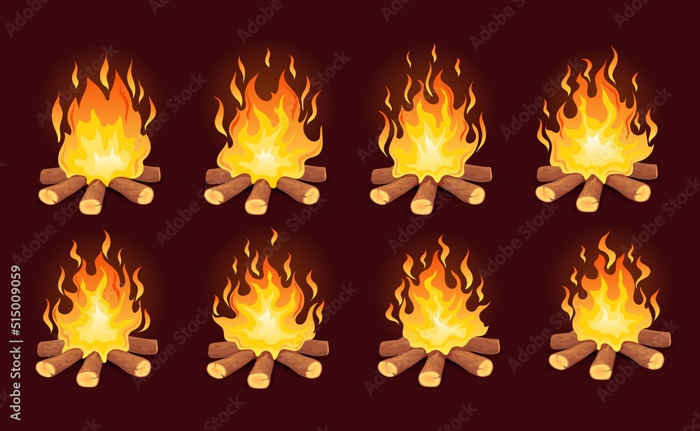 Bonfire animation. Loop animated fire, game campfire cartoon frame ...