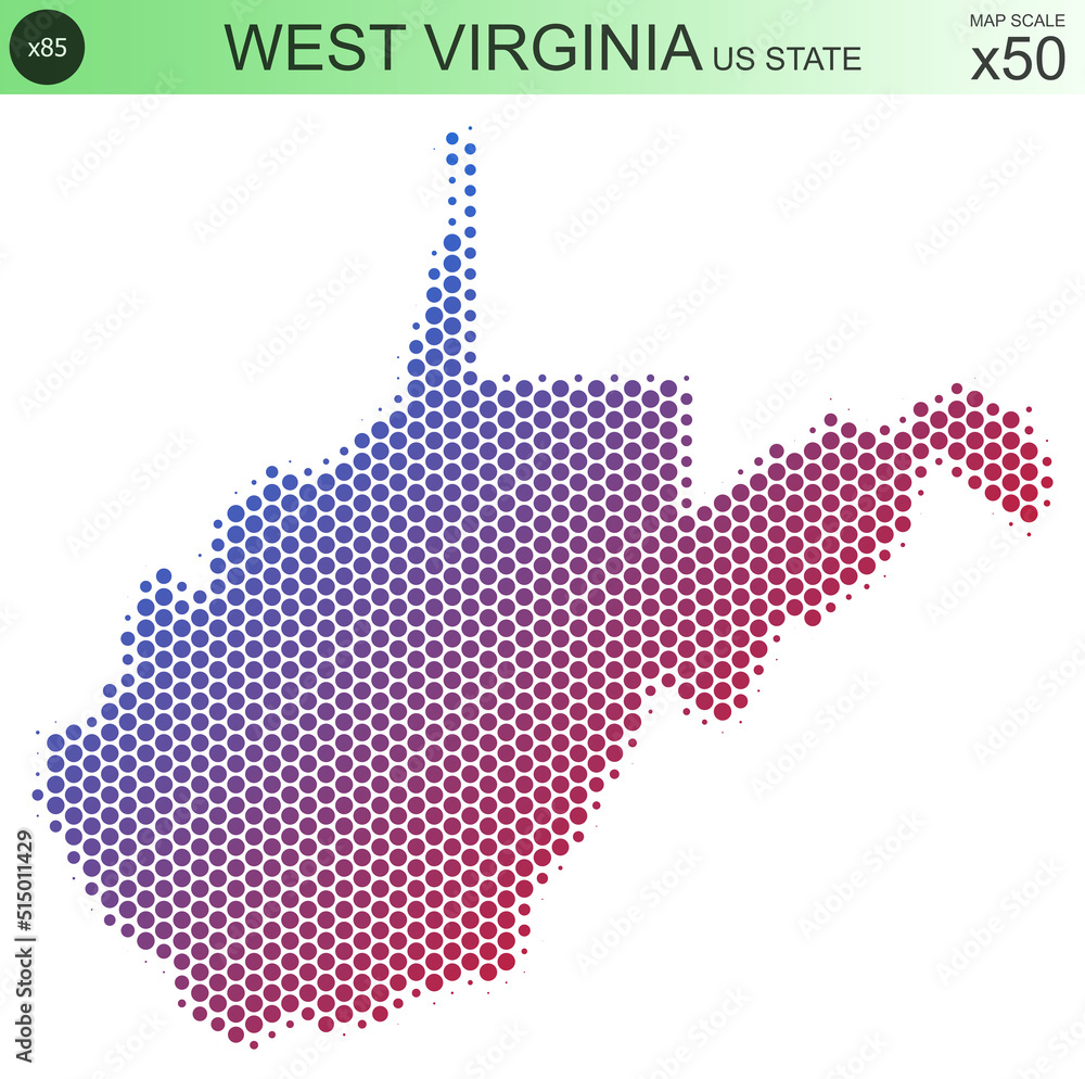 Dotted map of the state of West Virginia in the USA, from circles, on a ...