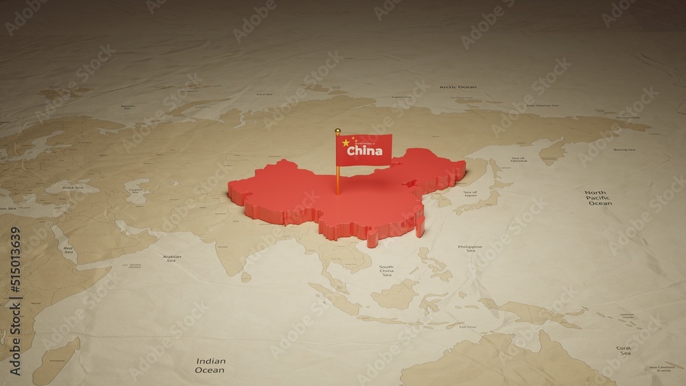 Map of China with flag on world map background 3D rendering. Stock ...