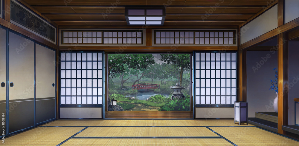 Japanese Traditional Interior - Rainy, 2D Anime background ...