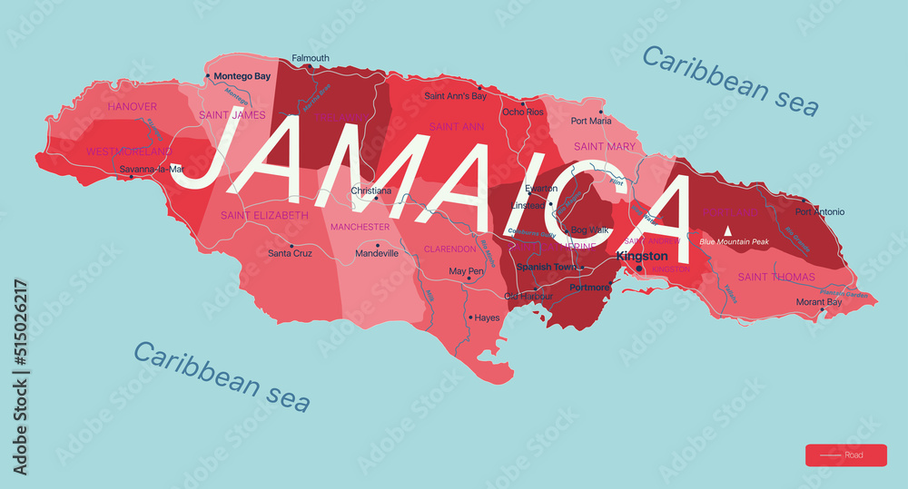 Jamaica country detailed editable map with regions cities and towns ...