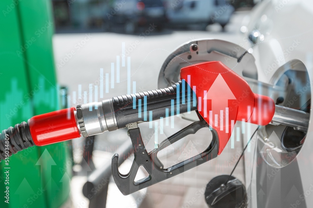 Car with a fuel nozzle and rising chart showing gasoline price increase ...