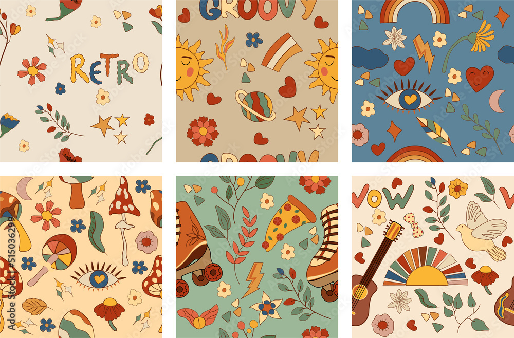 Retro Positive seamless patterns 70s, with colorful rainbows, leaves ...