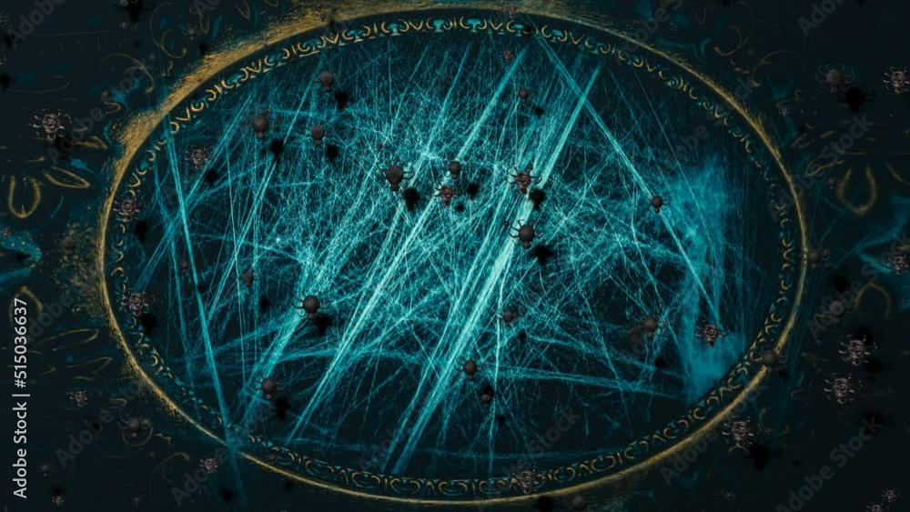 Vintage frame covered with spider web and many spiders run down 3D 4K ...