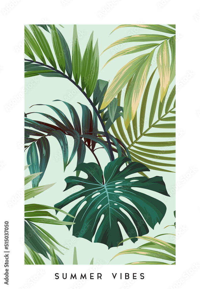 Hawaiian floral design with monstera palm leaves. Exotic tropical ...