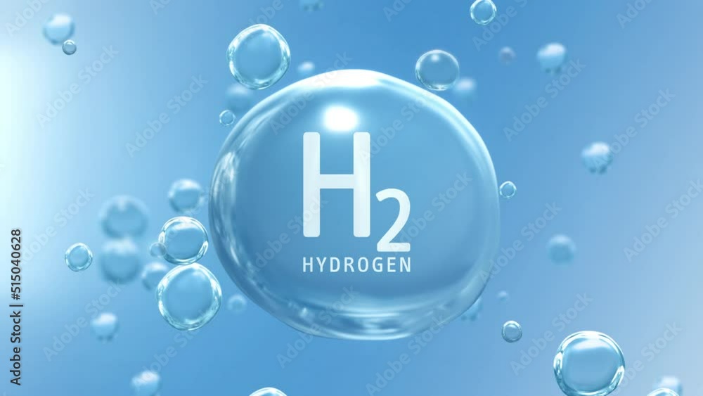 "H2 Hydrogen" titled water bubble. 3D animation bio infographics ...