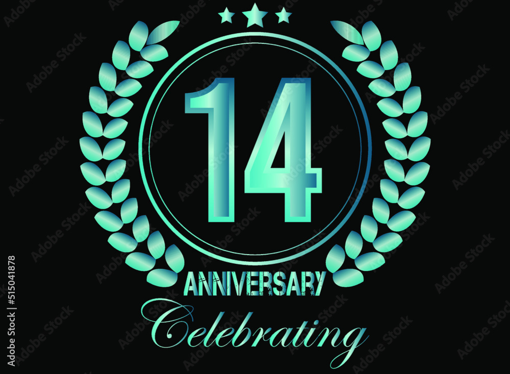 14 years blue sapphire anniversary logo, with shiny ring and laurel ...