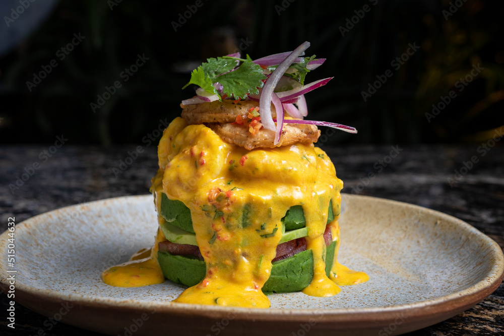 Causa peruana Acevichada, Una causa con ceviche encima Stock Photo ...