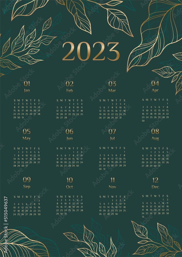 Vector illustration. Green background calendar 2023 template with ...
