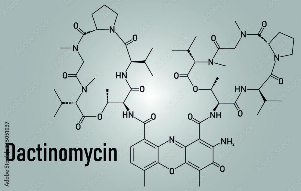 Skeletal formula of Dactinomycin cancer chemotherapy drug molecule ...