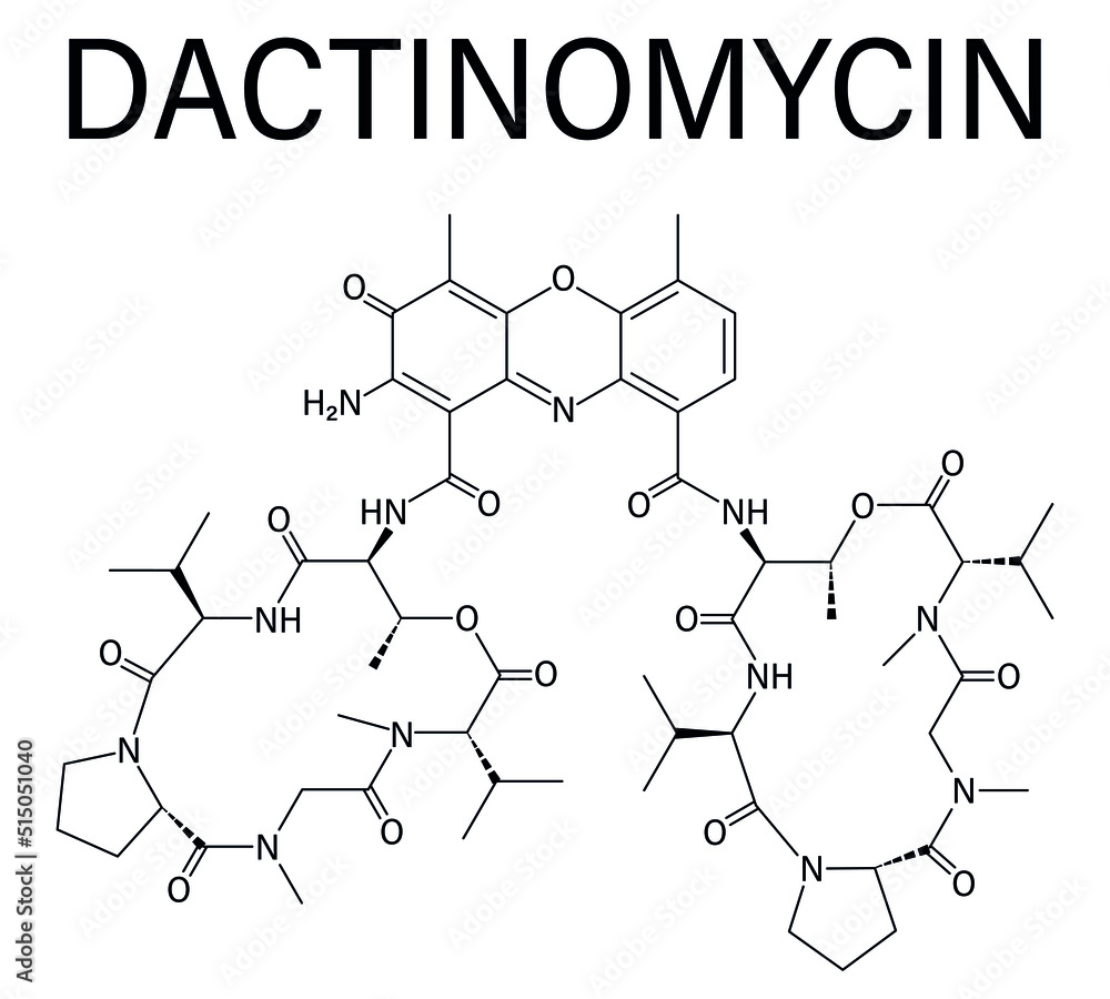 Skeletal formula of Dactinomycin cancer chemotherapy drug molecule ...
