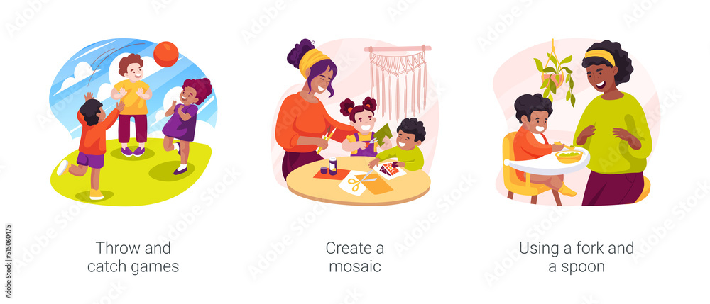 Kids motor skills development isolated cartoon vector illustration set ...