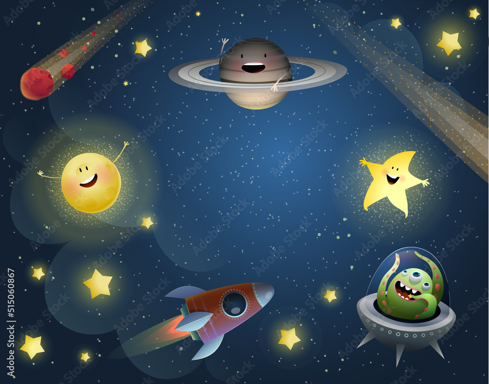 Vecteur Stock Cosmos with stars, rocket and planets children wallpaper ...