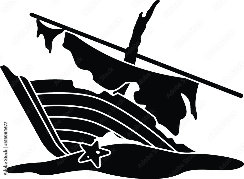 Black and White Cartoon Illustration Vector of a Wooden Ship Wreck on ...