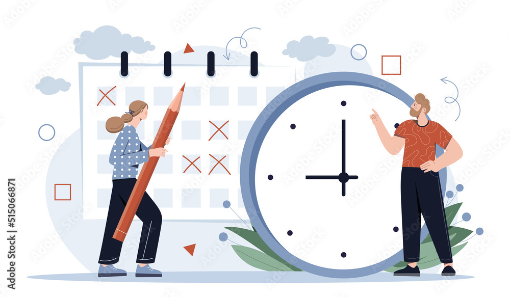 Time management concept. Man and woman next to clock and calendar. Planning, efficient workflow ...