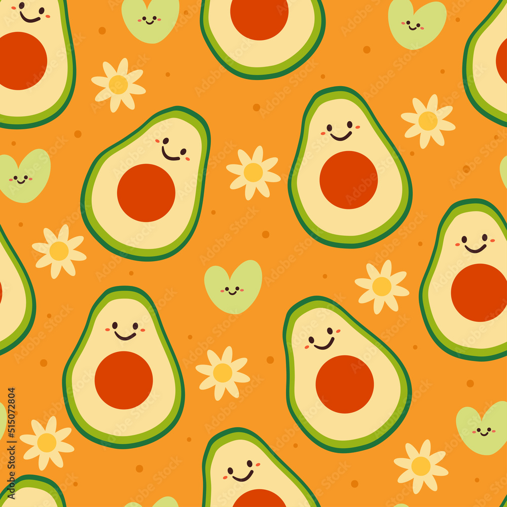 seamless pattern cartoon cute avocado character with flower in yellow ...