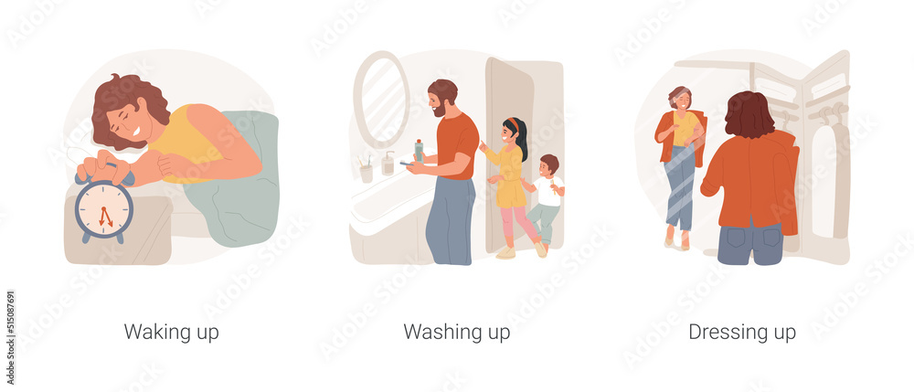 Family morning routine isolated cartoon vector illustration set. Waking ...