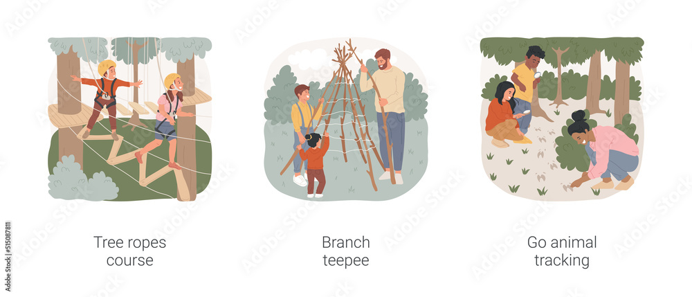 Active holiday isolated cartoon vector illustration set. Tree ropes ...