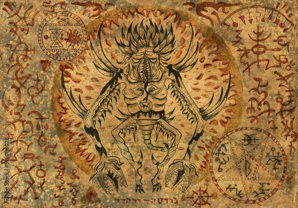 Coffin. CarHand drawn Halloween illustration of old page with demon ...