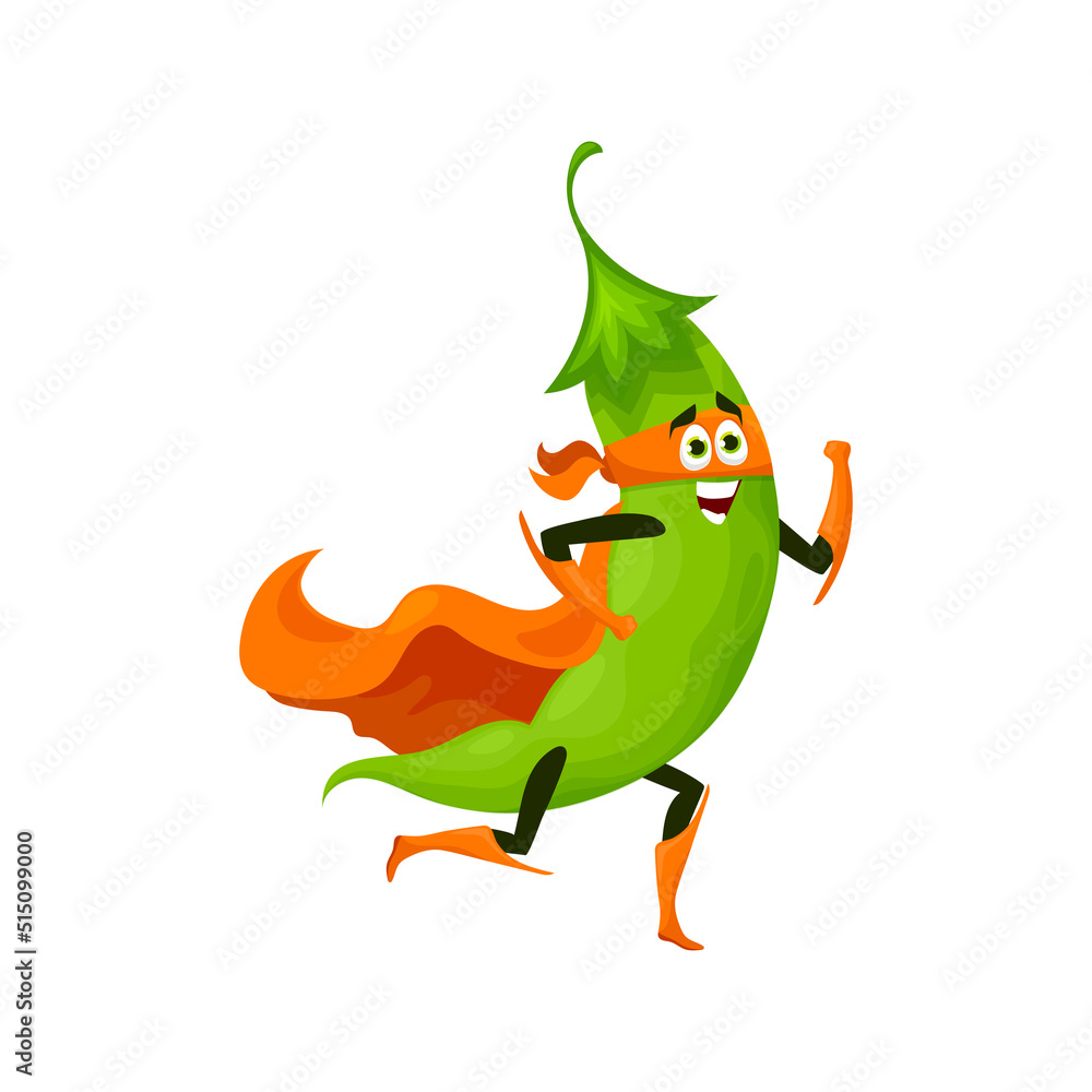Green pea pod superhero in face mask and cape cartoon character comic ...