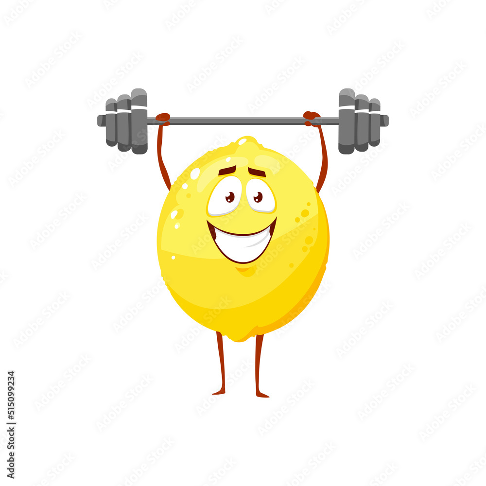 Cartoon lemon workout with barbell, fruit sportsman vector icon, funny ...