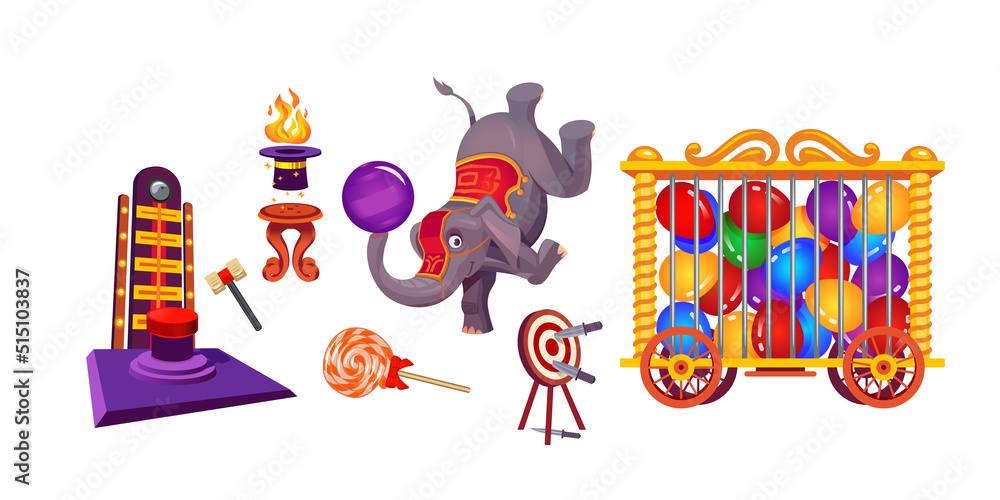 Circus stuff and elephant, big top tent animal artist with ball ...