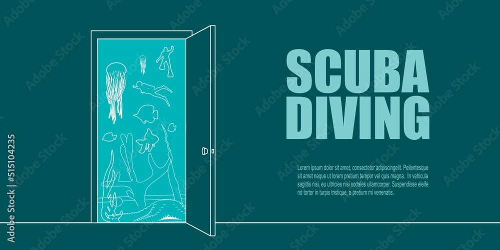 Open door leading to underwater world with plants, animals and scuba ...