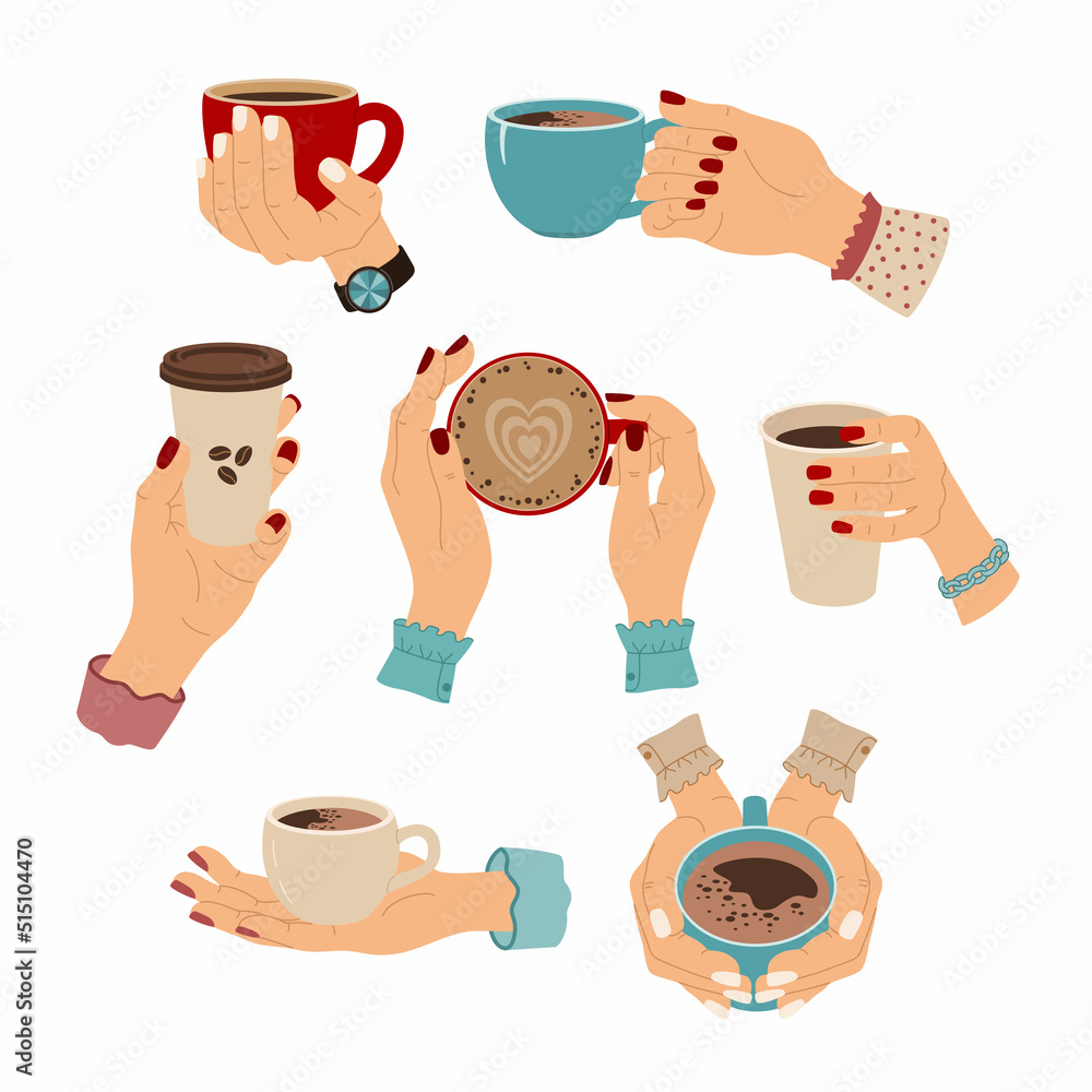 Set of woman hands holding a different cups of espresso or cappuccino ...