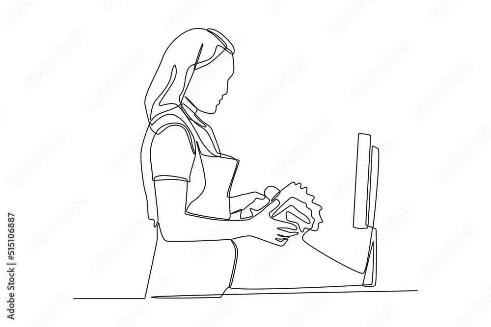 Vetor de One continuous line drawing of female cashier scanning grocery ...
