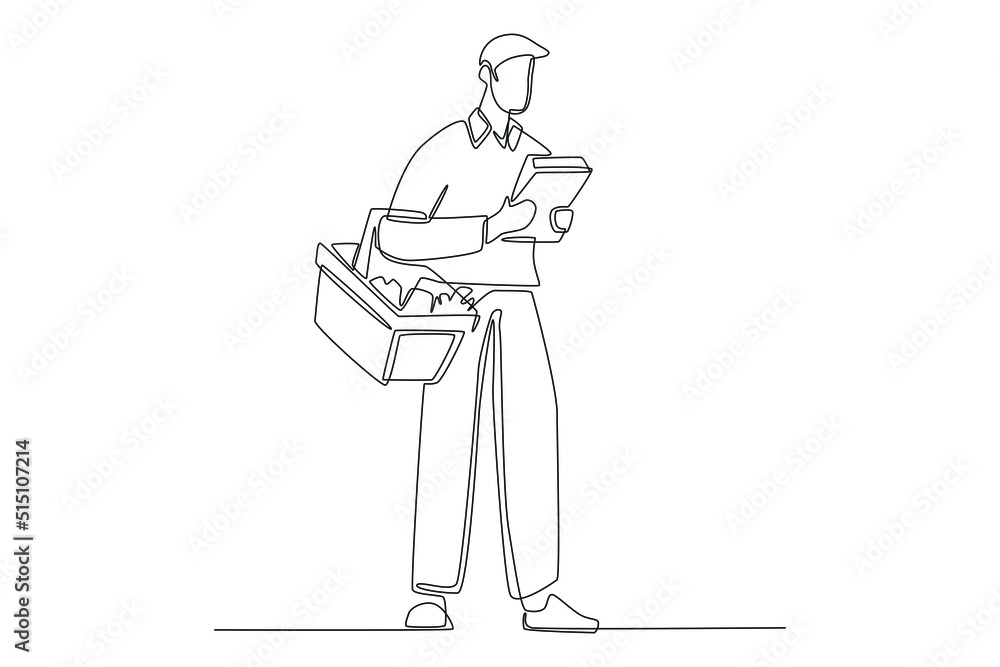 One continuous line drawing of man with basket checking shopping list ...