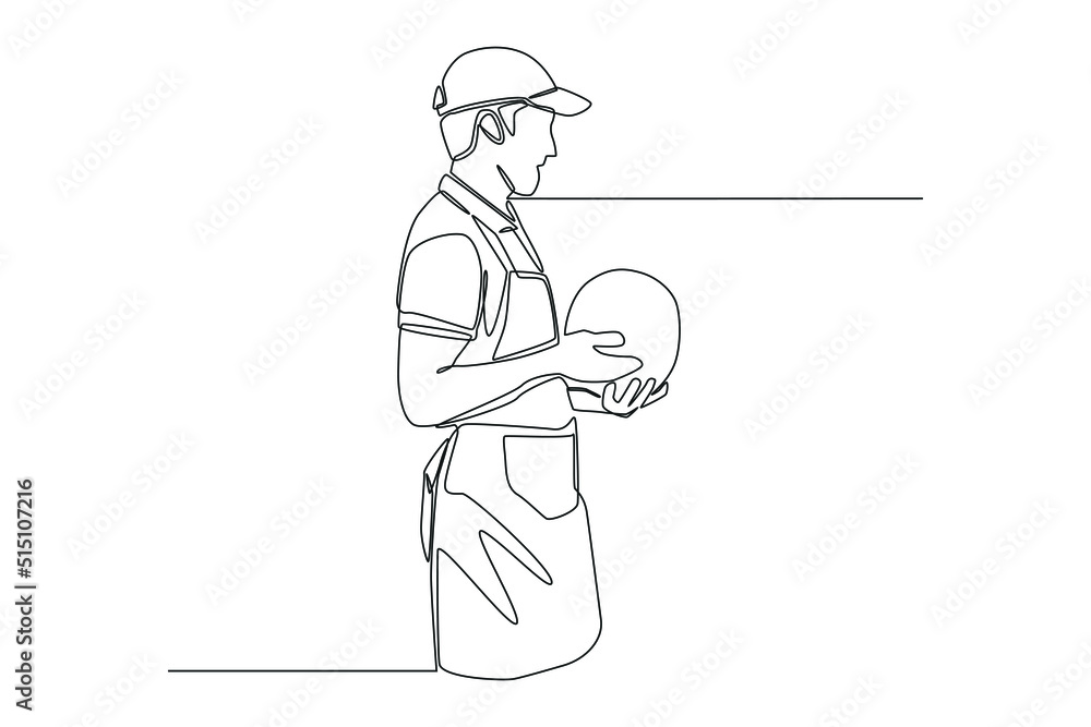 One continuous line drawing of seller assistant boy with cap holding ...