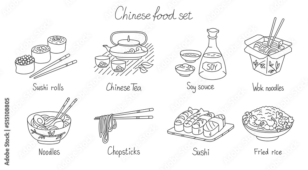 Chinese food set. Asian cuisine. Editable outline stroke. Vector line ...