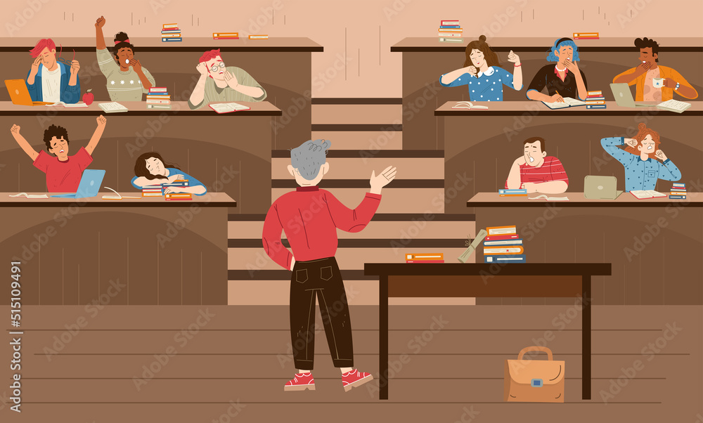 Tired and sleepy students on bored lecture in college or university ...