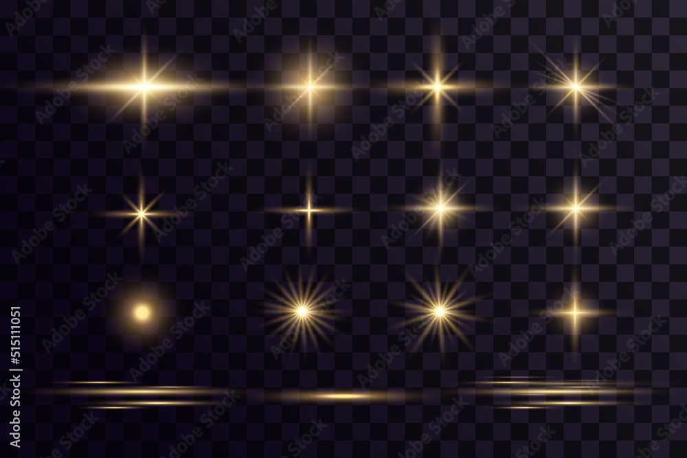 Shining golden stars isolated on transparent background.Effects,glare,lines,glitter,explosion ...