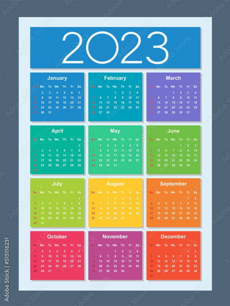 Colorful calendar for 2023 year. Week starts on Sunday. Vertical ...