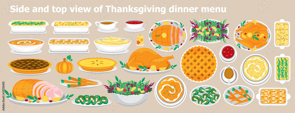 Illustration vector flat cartoon of food on happy Thanksgiving menu on ...
