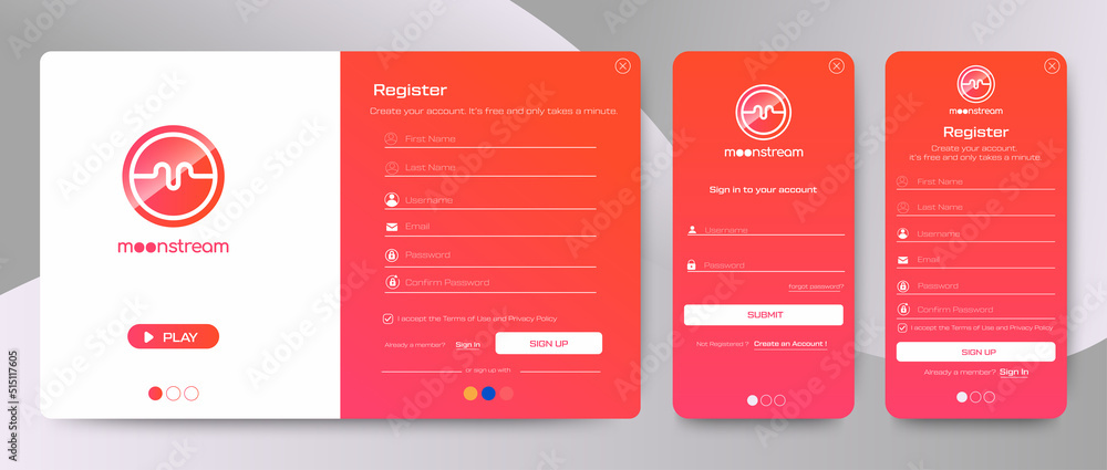 Set of Sign Up and Sign In forms. Red gradient. Mobile Registration and ...