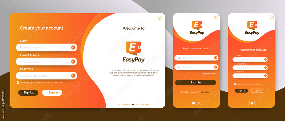 Set of Sign Up and Sign In forms. Orange gradient. Mobile Registration ...