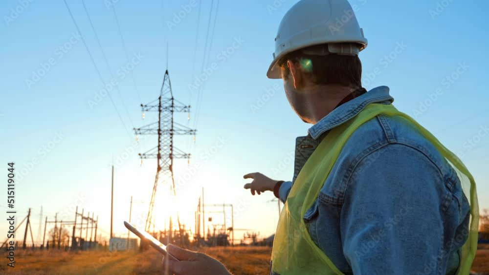 Stockvideon Silhouette of engineer walk on field with electricity ...