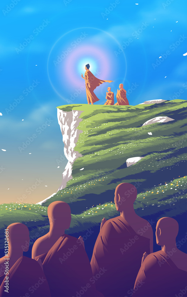 the lord buddha standing and radiating his halo of lights at a cliff ...