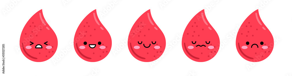 Set cute cartoon blood drops. Red drops with different emotions ...